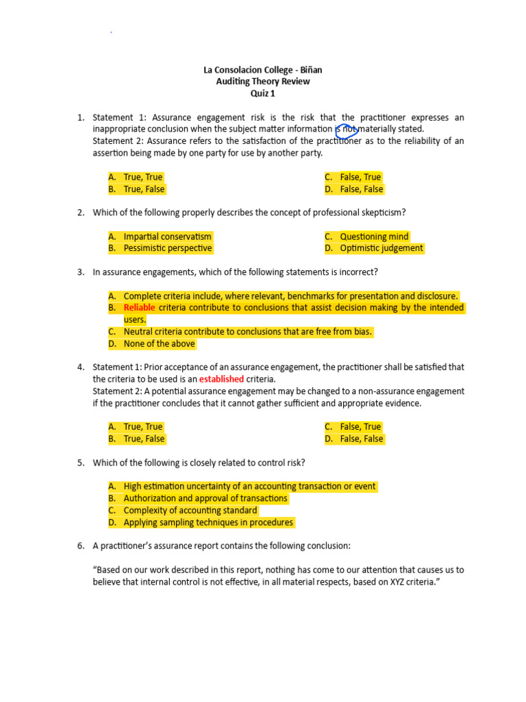 Quiz1 - ANSWER SHEET EDITED | PDF | Audit | Internal Control