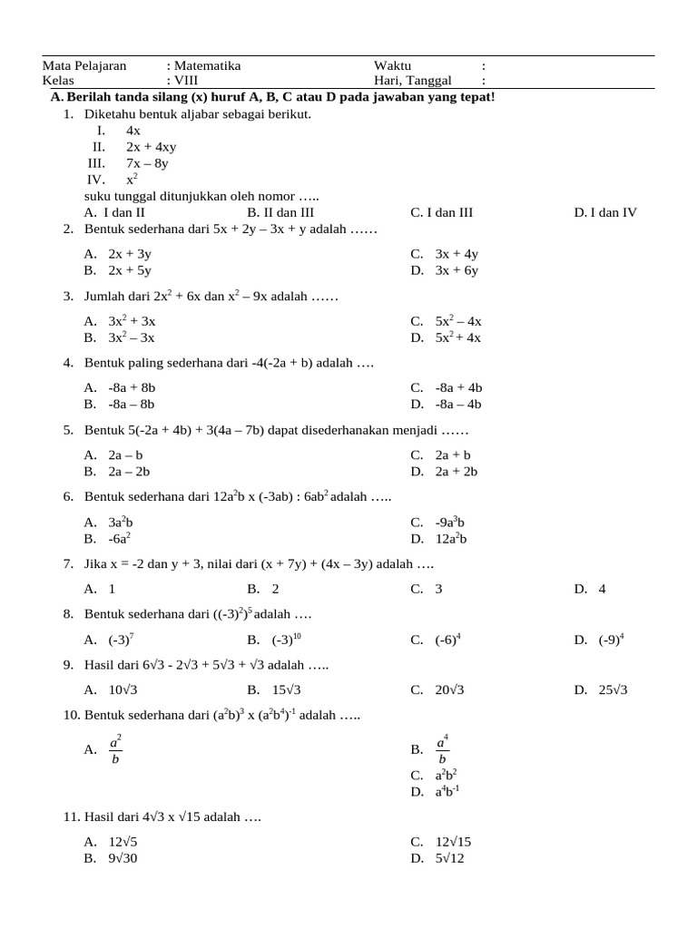 Soal Pas Matematika Kelas 8 | PDF