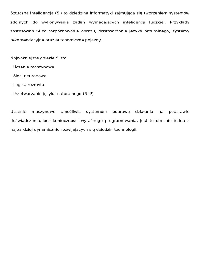 Notatka Sztuczna Inteligencja | PDF