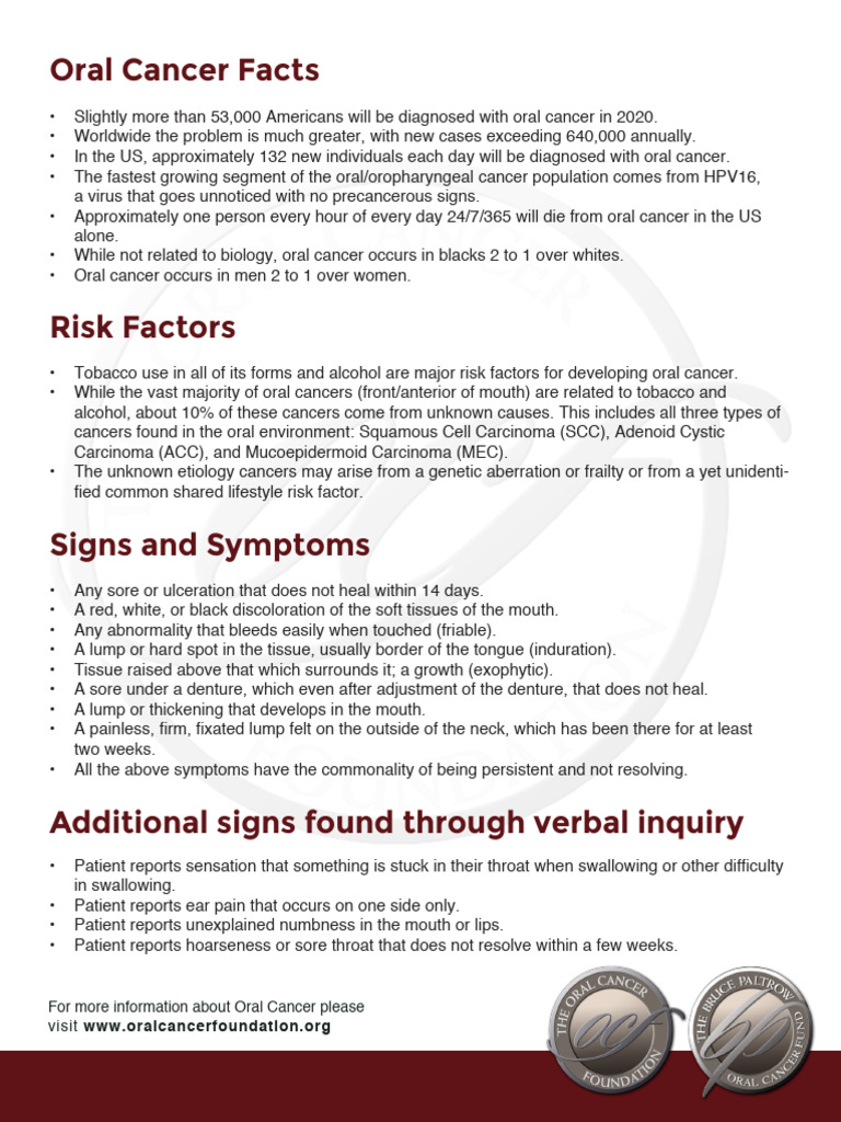 Oral Cancer Facts 2020 1 | PDF | Cancer | Human Diseases And Disorders