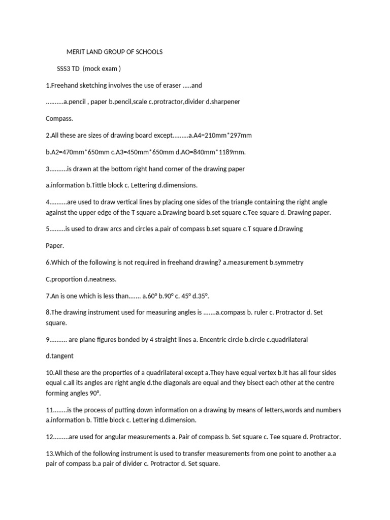 SSS3 Technical Drawing Mock Exam Questions | PDF | Angle | Elementary ...
