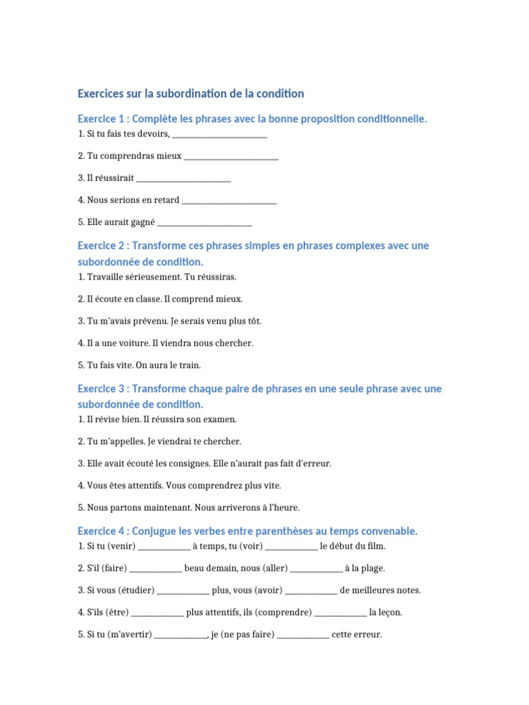 Exercices sur la condition en français | PDF | Grammaire | Syntaxe