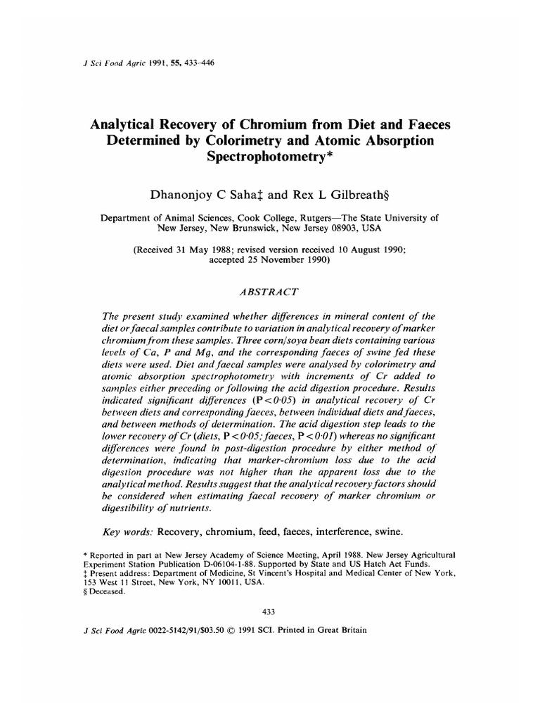 Analytical Recovery of Chromium From Diet and Faeces Determined by ...