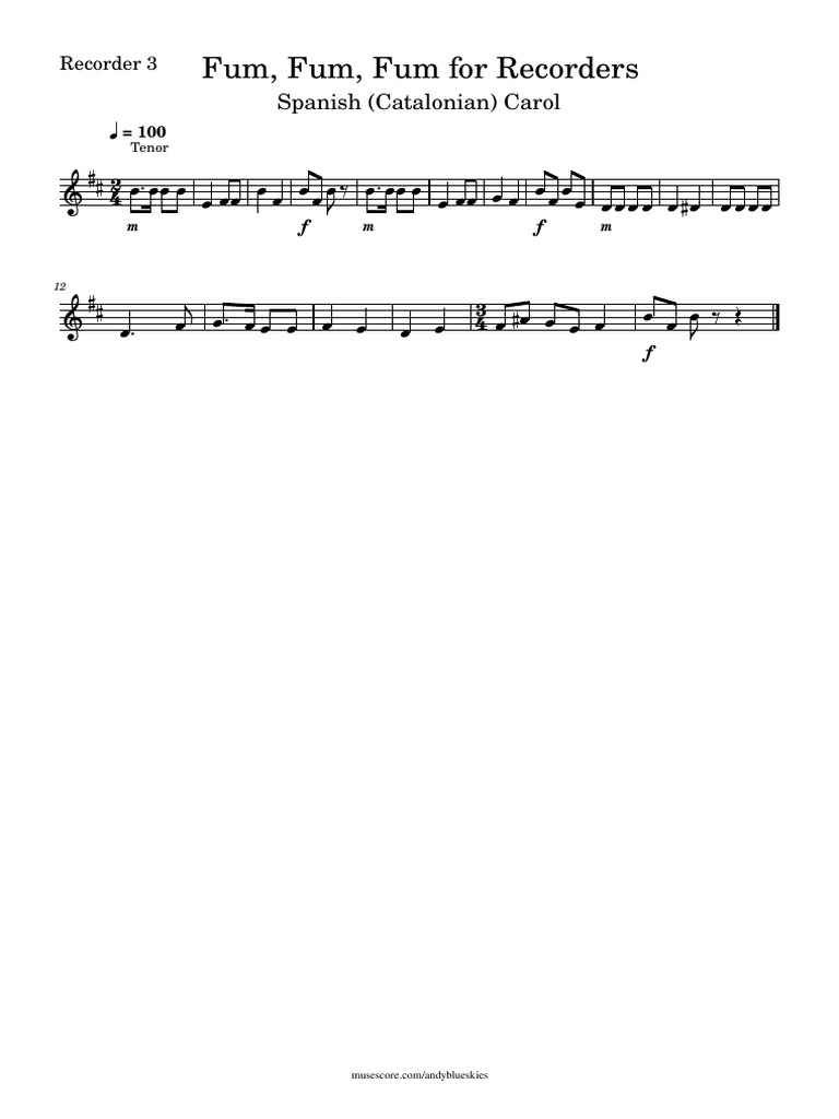Fum Fum Fum - Recorder Quartet-Recorder 3 | PDF