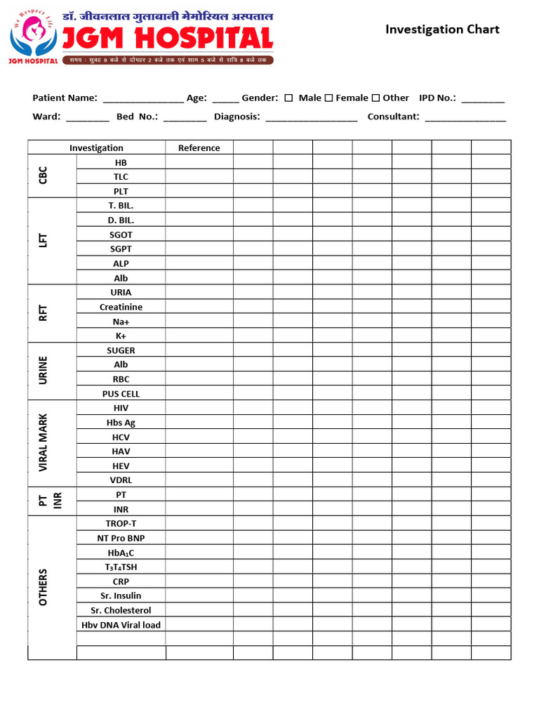 Blood Investigation Chart Template | PDF