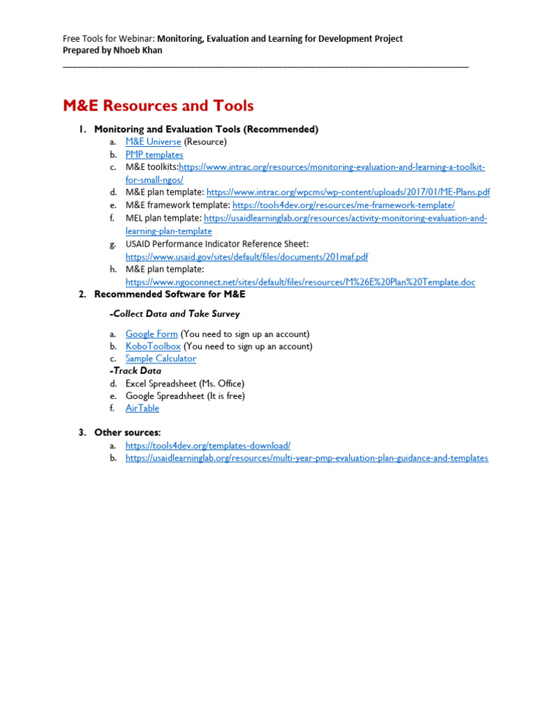 Free Tools and Resource of M&E For Development Project | PDF