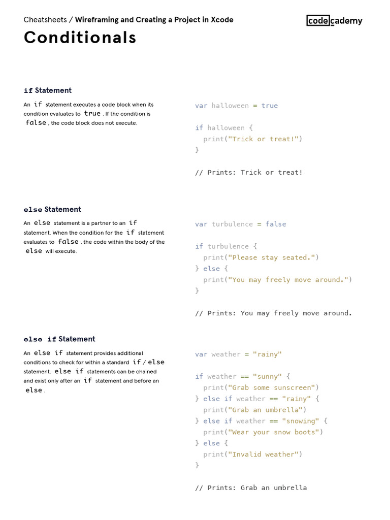 Wireframing and Creating A Project in Xcode - Conditionals Cheatsheet ...