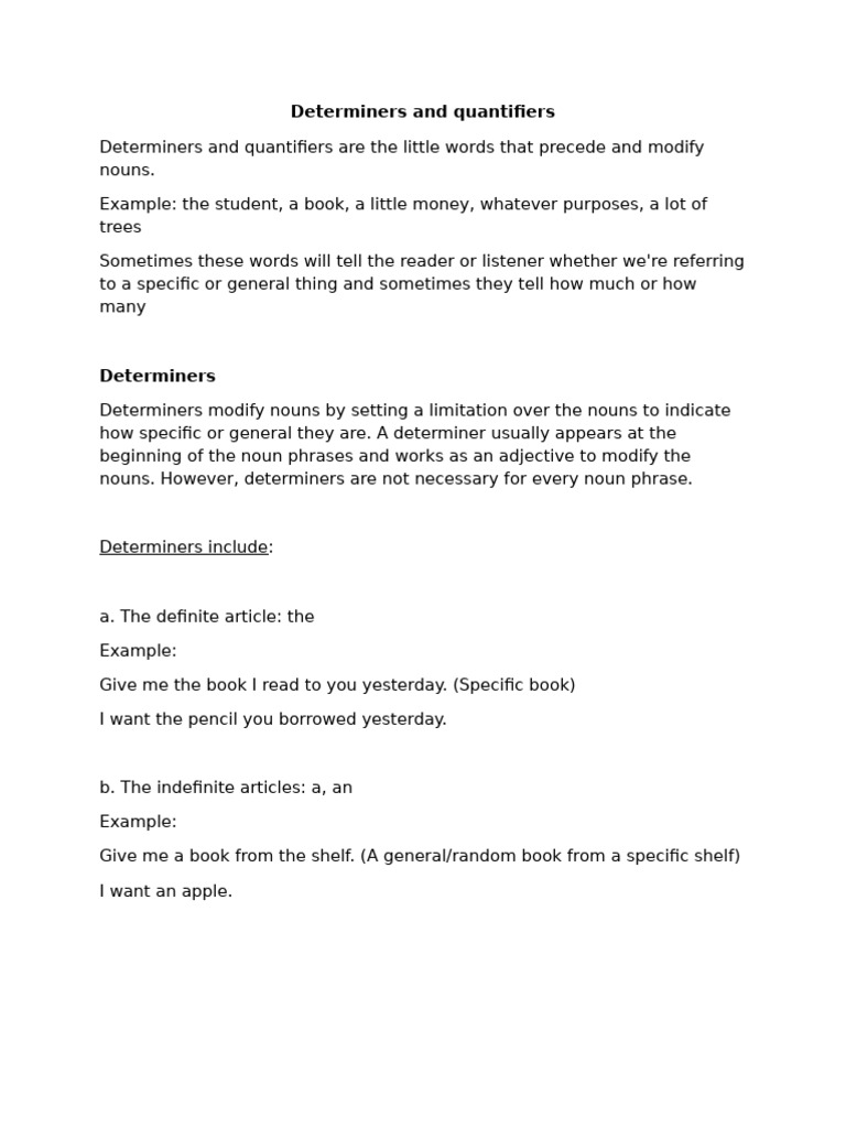 Determiners and Quantifiers | PDF | Noun | Grammar