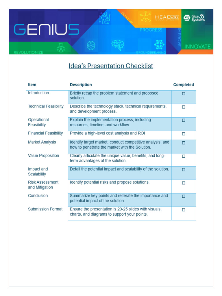 GENUIS-Idea Presentation Checklist 2 | PDF | Feasibility Study | Risk