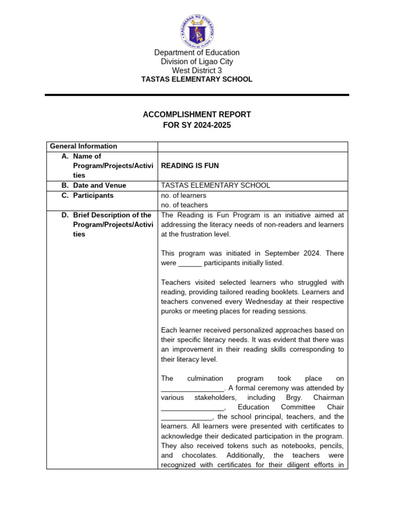 REMEDIAL READING ACCOMPLISHMENT REPORT SAMPLE | PDF | Literacy ...
