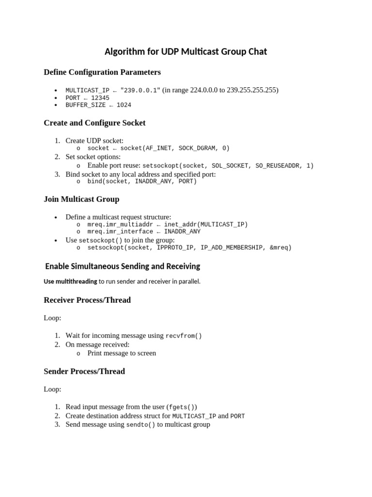 Algorithm For UDP Multicast Group Chat: Define Configuration Parameters | PDF