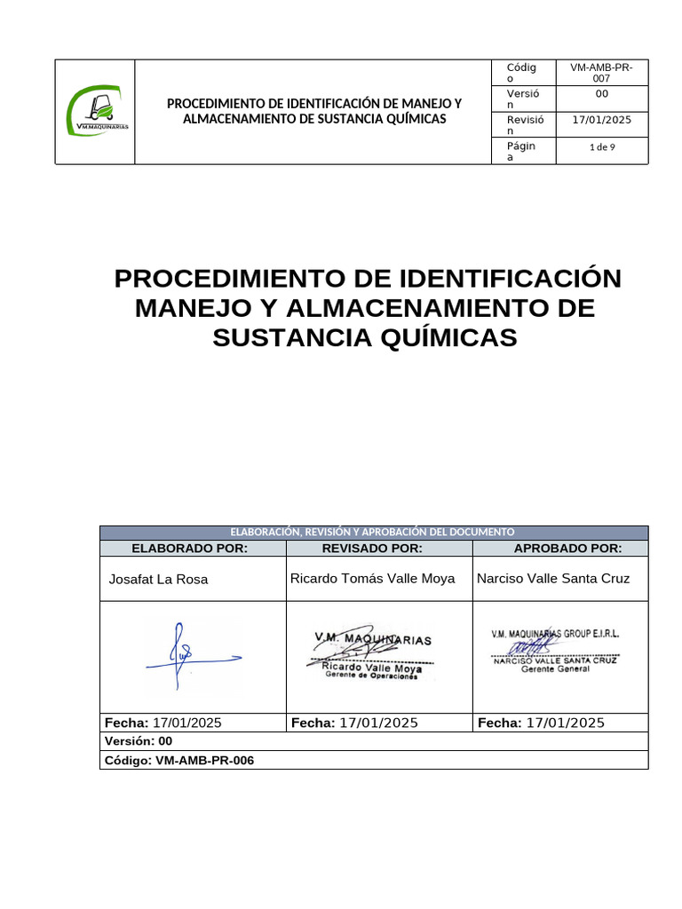 Vm-Amb-Pr-006 Procedimiento de Identificación Manejo y Almacenamiento de Sustancia Químicas ...