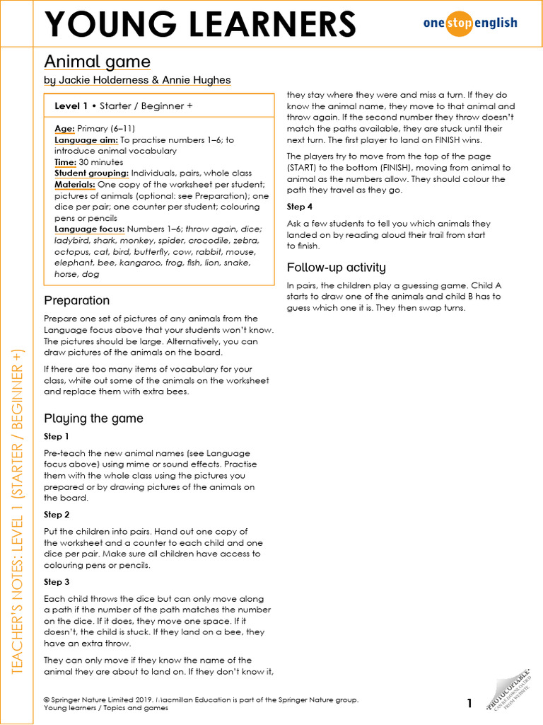Young Learners - Animal Game - Level 1 | PDF