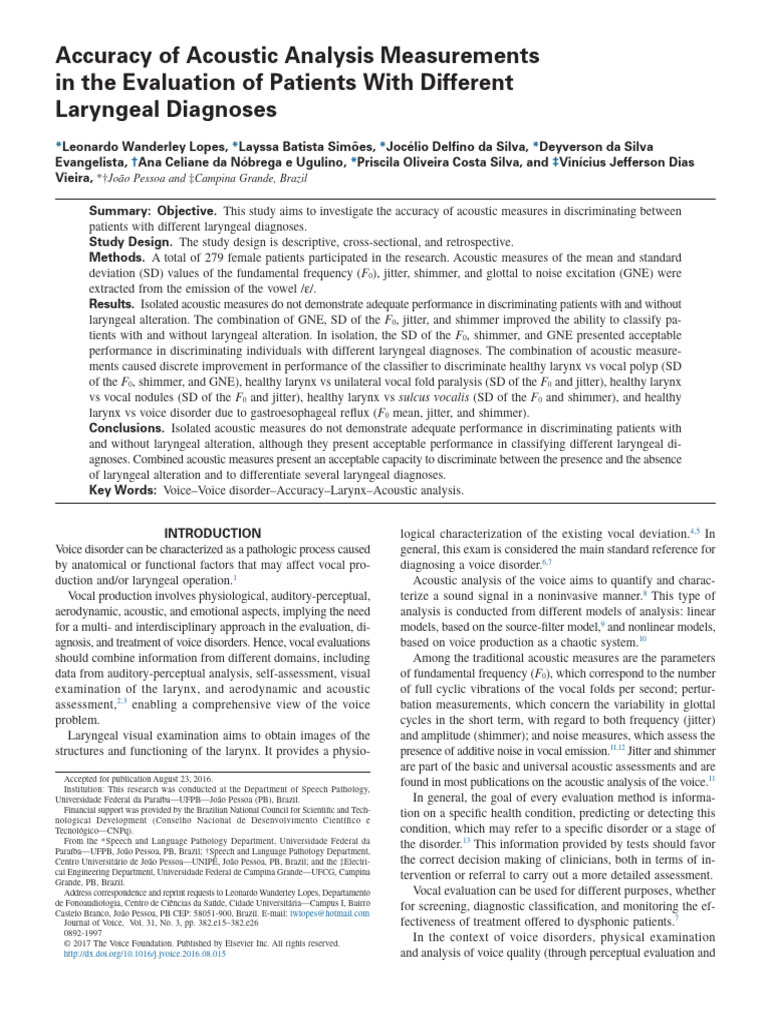 Acoustic Analysis for Laryngeal Diagnosis | PDF | Human Voice ...