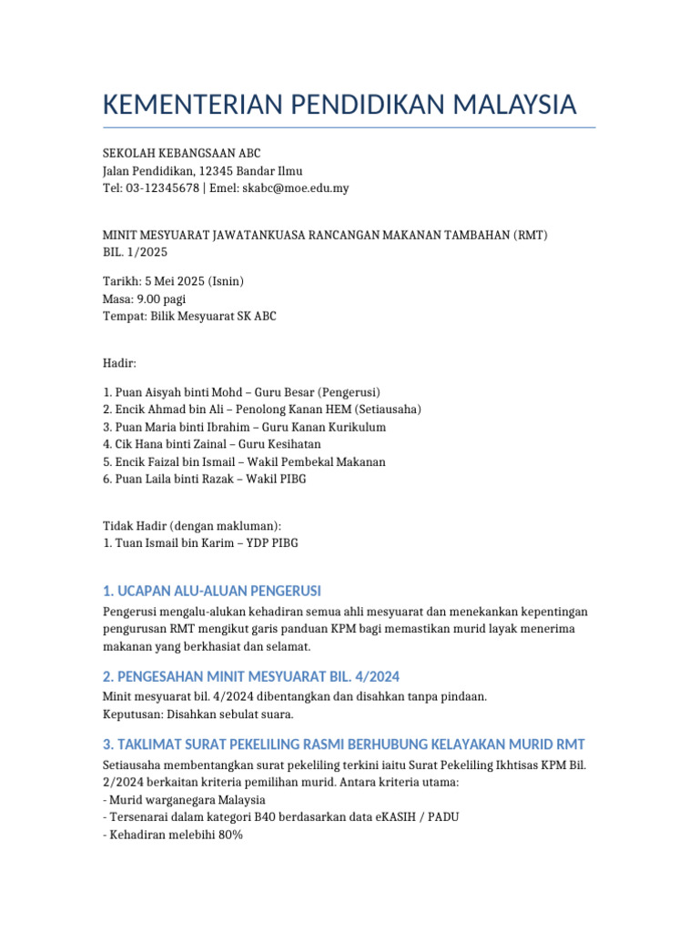 Minit Mesyuarat RMT KPM 2025 | PDF