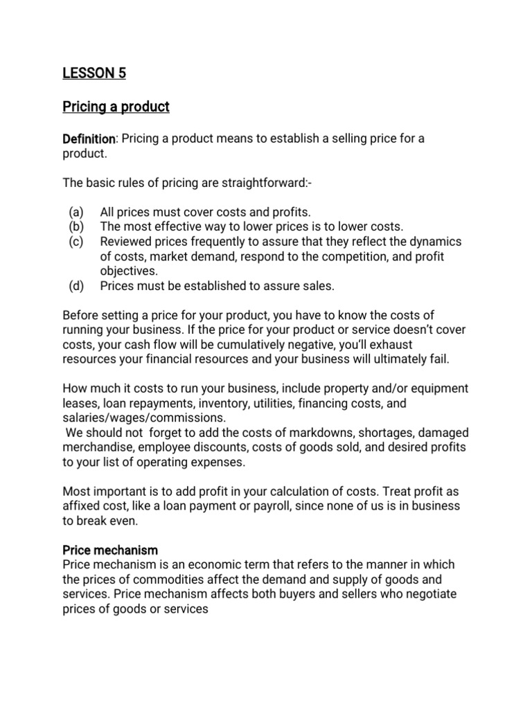 Entrepreneurship - Pricing The Product | PDF