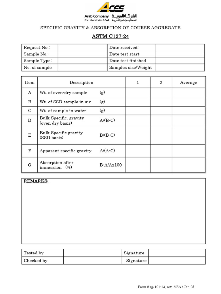 qp 101-13 rev.d - Specific Gravity & Absorption of Coarse Aggregate - ASTM C127 | PDF
