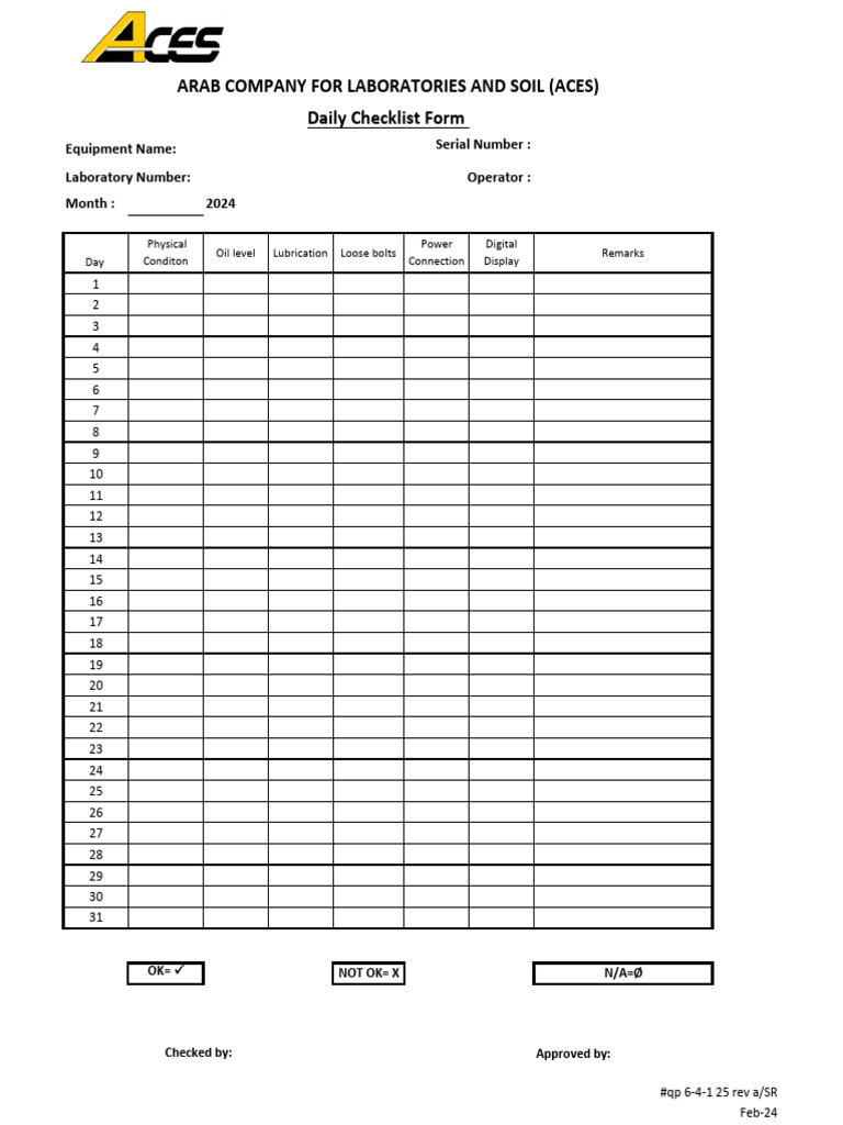 Form # QP 6-4-1 25 Rev A - Daily Checklist For Equipment | PDF