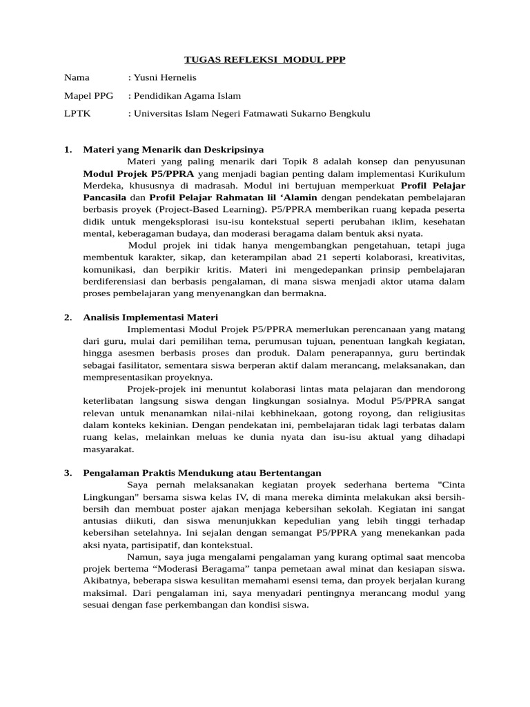 Tugas Refleksi Modul P5/PPRA | PDF