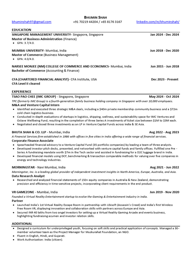 Bhumin Shah - Resume | PDF | Venture Capital | Corporate Finance