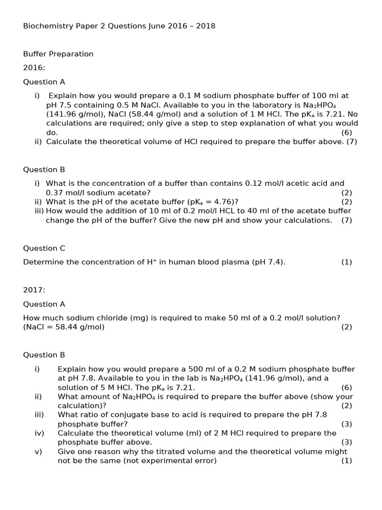 Biochemistry Paper 2 Questions June 2016 | PDF | Buffer Solution ...