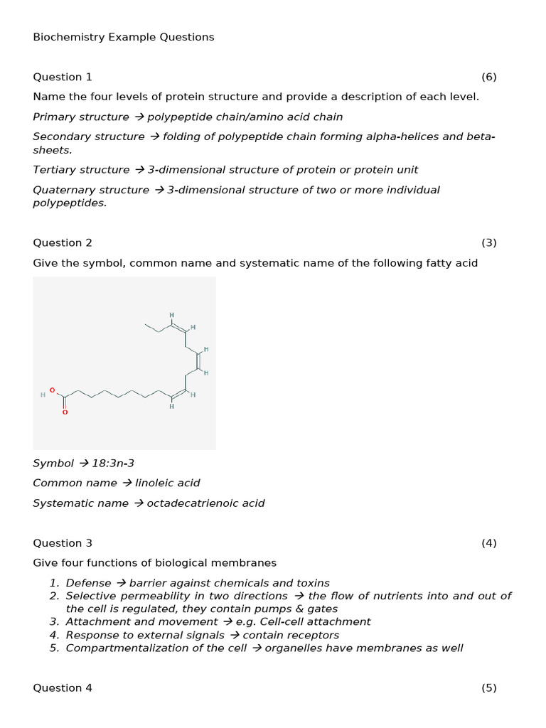 Biochemistry Test 2 Question Examples & Answers | PDF | Cell Membrane ...