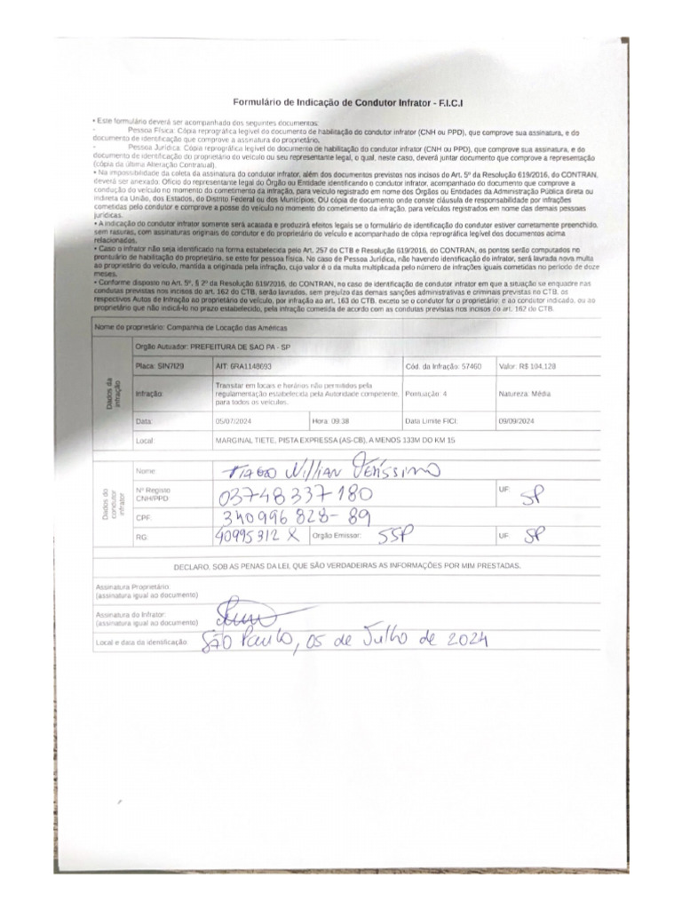 Formulário de Indicação de Condutor Infrator - F.I.C.l | PDF