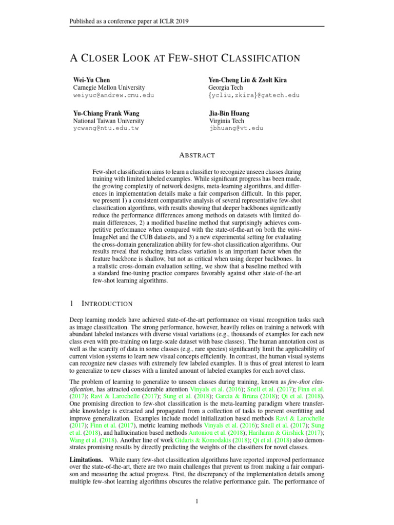 A CLOSER LOOK AT FEW-SHOT CLASSIFICATION | PDF | Statistical Classification | Machine Learning