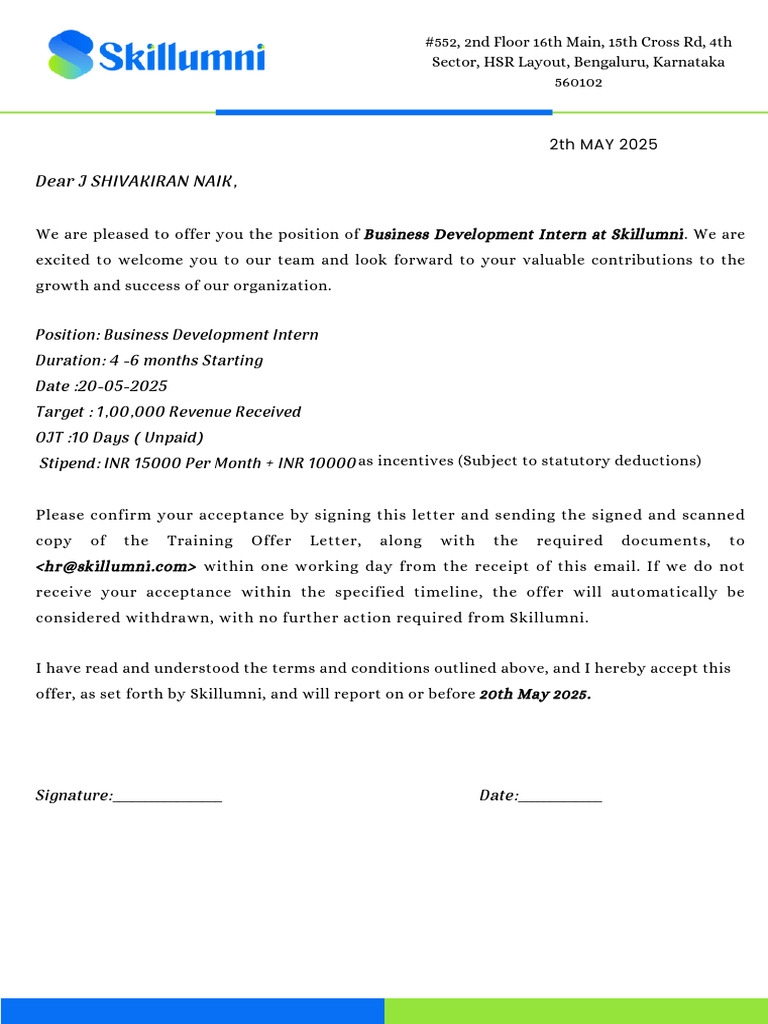 Skillumni Business Development Internship Offer | PDF