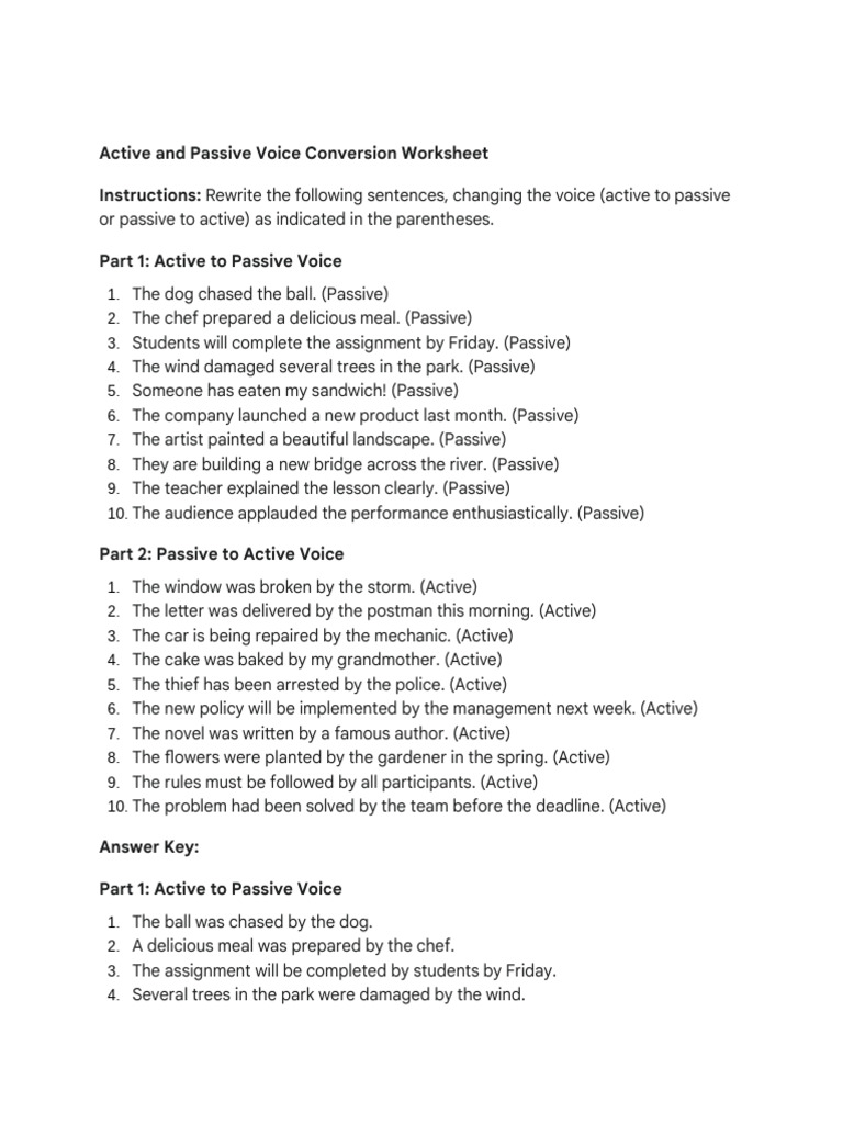 Worksheet On Active and Passive and Vice Versa | PDF