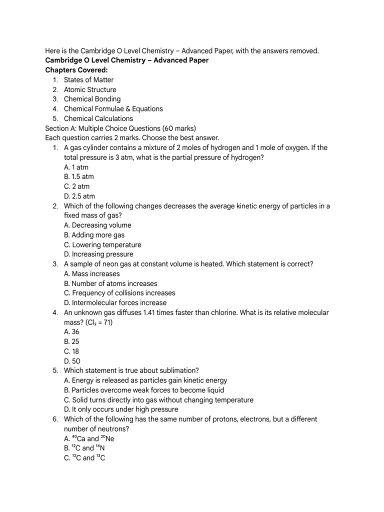 Cambridge O Level Chemistry Paper | PDF | Chemistry | Gases