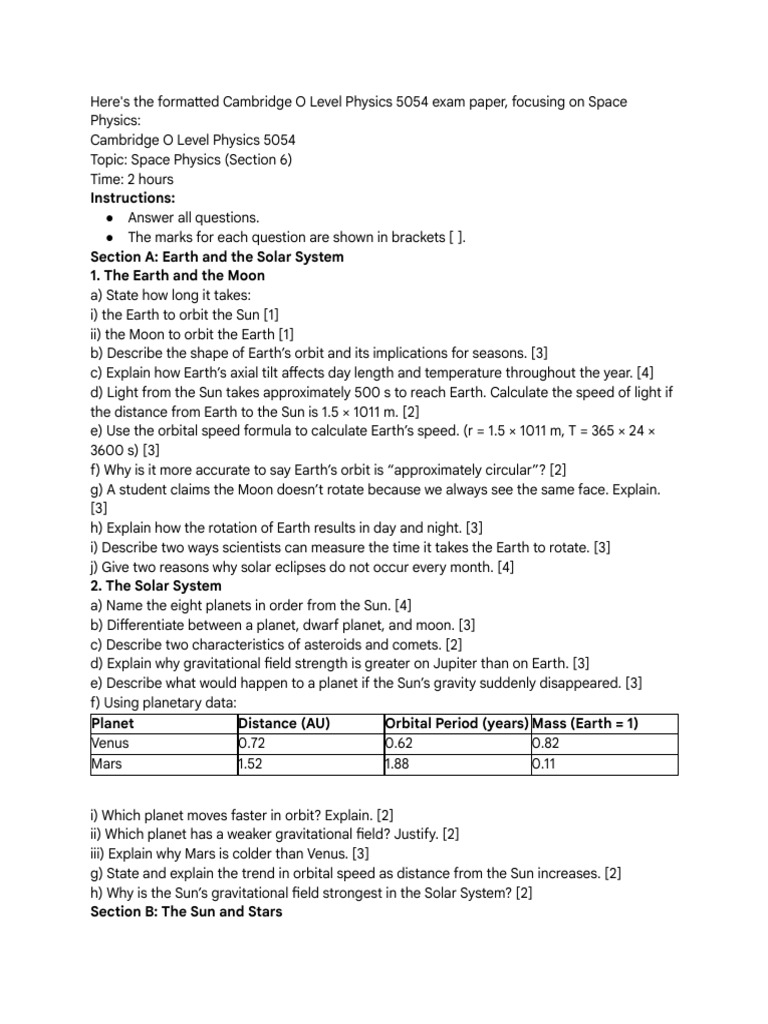 Space Physics O Level Exam Paper | PDF | Stars | Sun