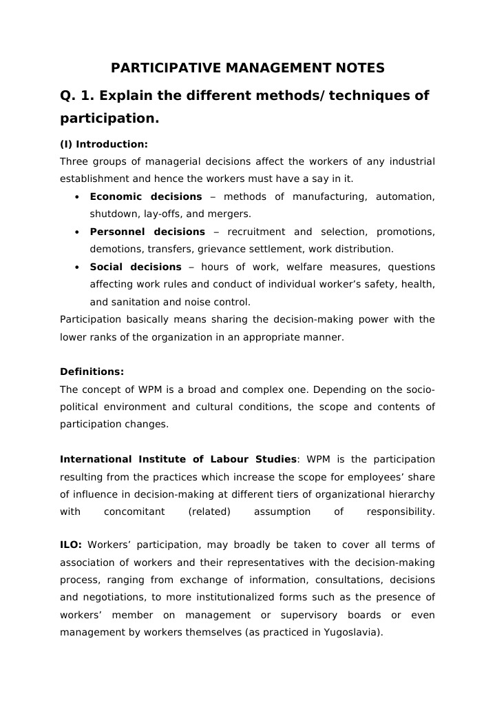 Participative Management Notes Q. 1. Explain The Different Methods ...