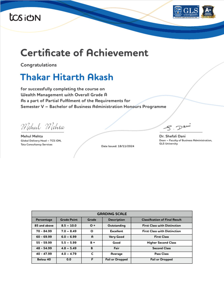 Certificate of Achievement: Thakar Hitarth Akash | PDF