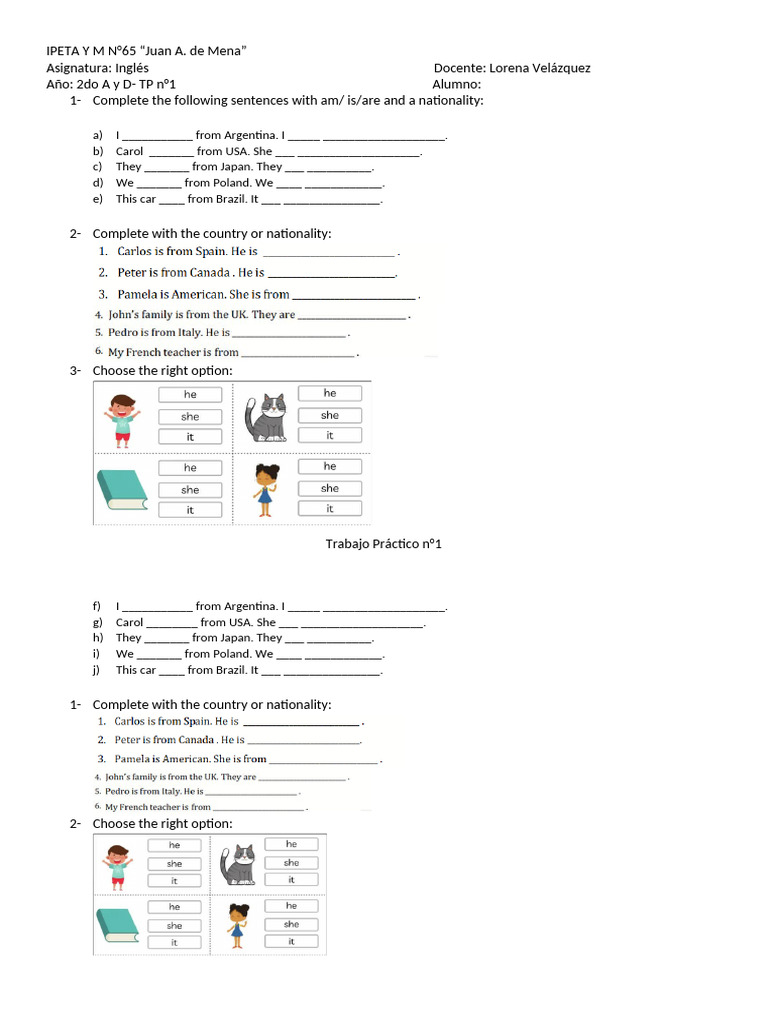 Complete The Following Sentences With Am | PDF