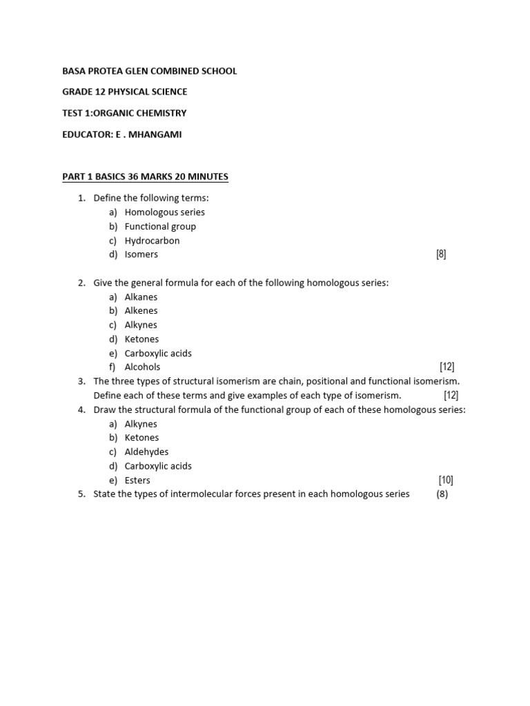 Grade 12 Organic Chemistry Test | PDF
