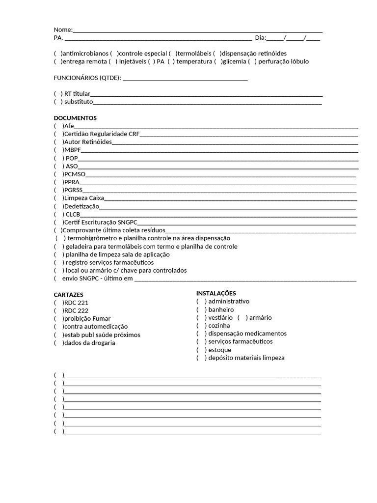 Check List Inspeção Drogarias - Folha Inteira | PDF | Farmacologia ...