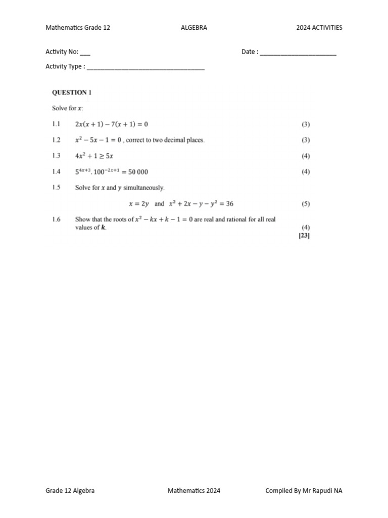 2024 GRD 12 Algebra - 015830 | PDF | Mathematics | Algebra