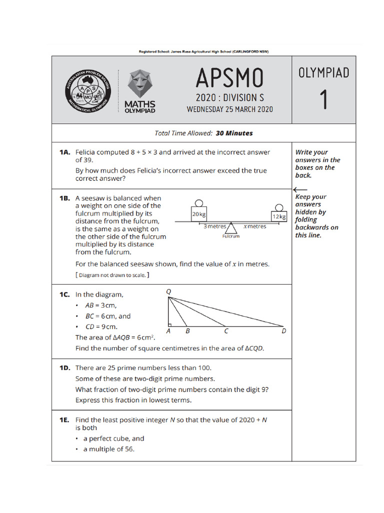 2020 APSMO Olympiad 1 | PDF
