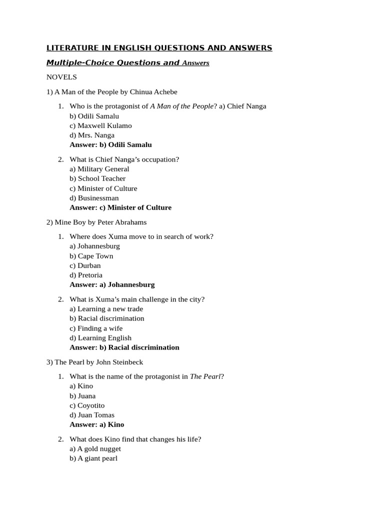 Literature Questions and Answers Guide | PDF