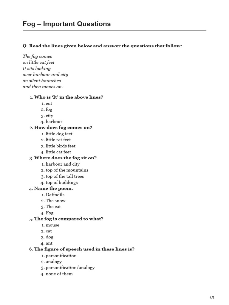 Poem Fog by Carl Sandburg | PDF