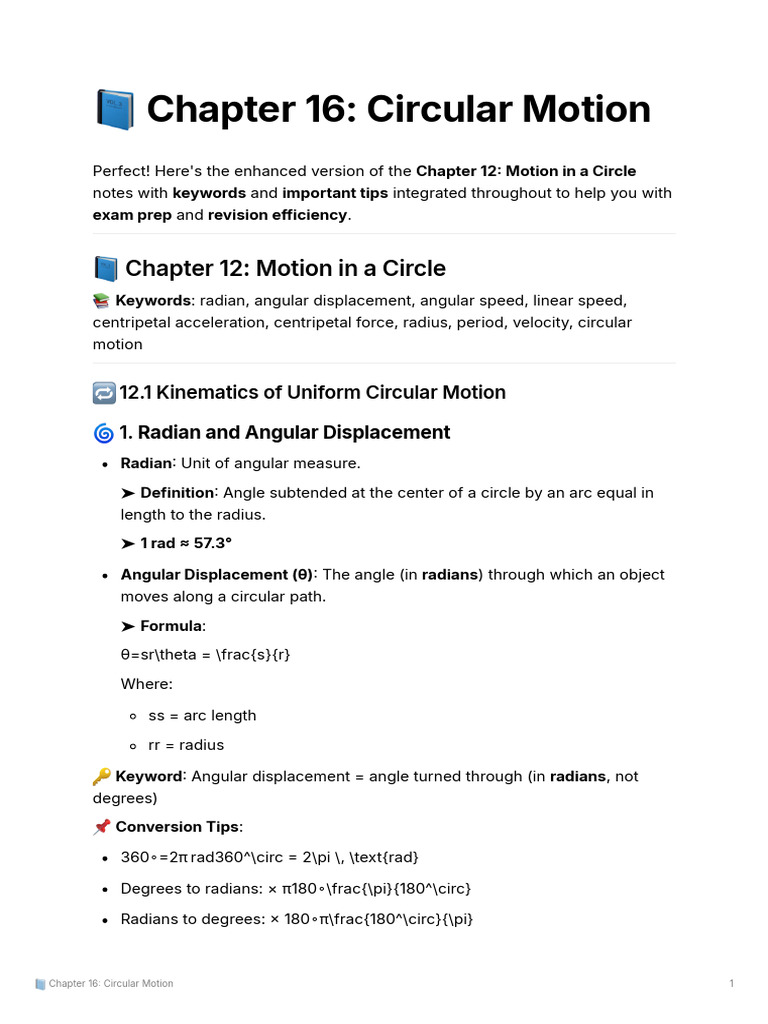 CIE A Level Physics - 16 - Circular Motion | PDF | Acceleration | Angle