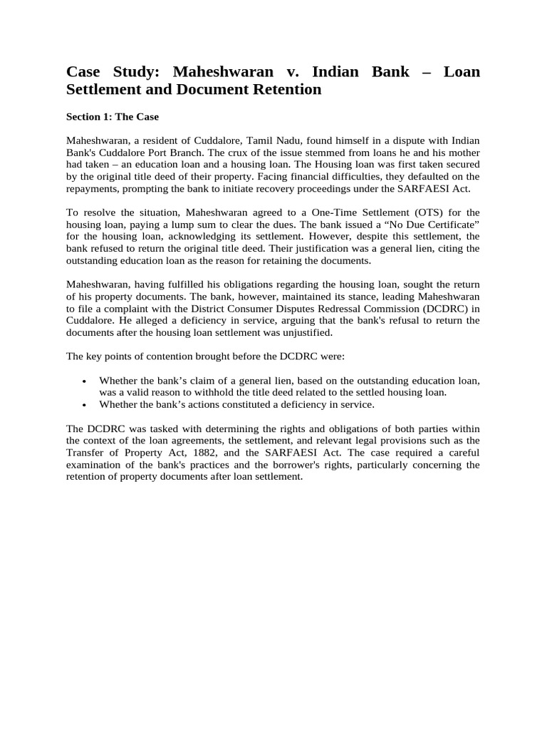 Case Study - Maheshwaran v. Indian Bank - Loan Settlement and Document Retention - Section 1 | PDF