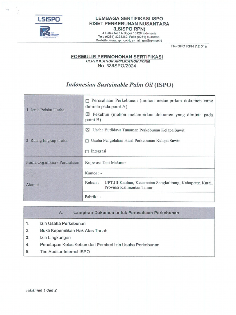 Formulir Permohonan Sertifikasi Ispo | PDF