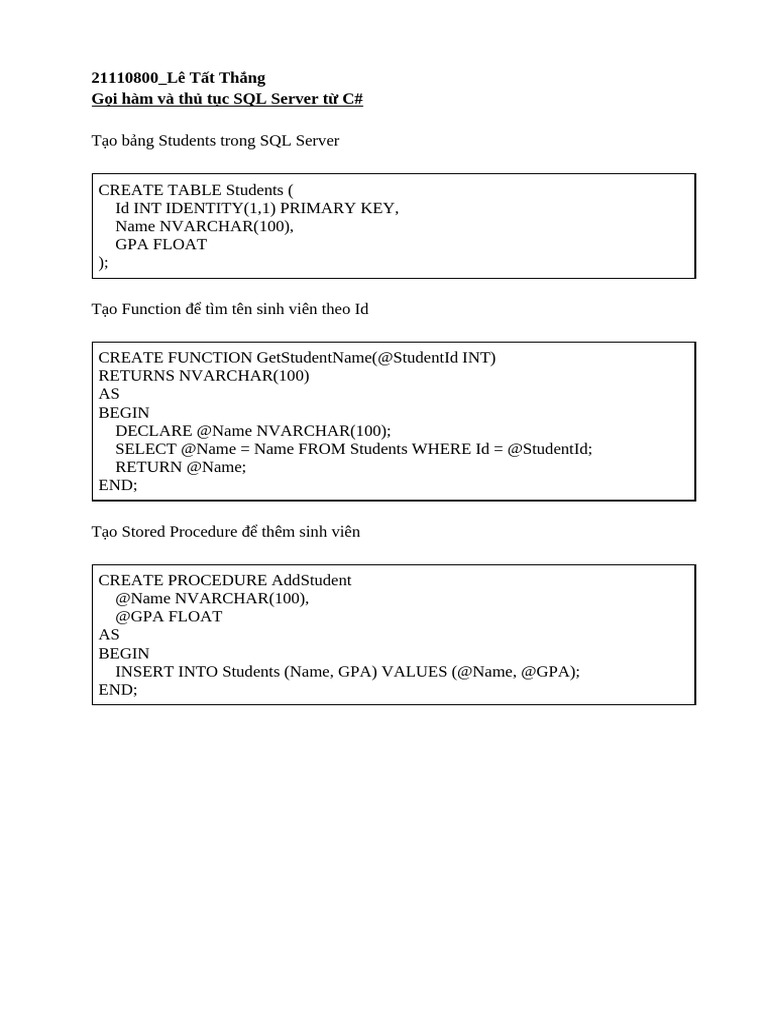 Gọi hàm và thủ tục SQL Server từ C# | PDF