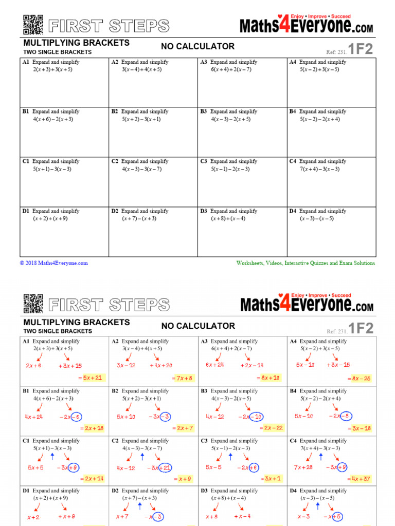 Expand and Simplify Brackets Worksheet | PDF