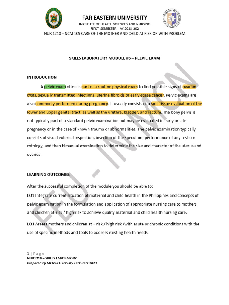 Nur 1210 Skills Modules 6 Pelvic Exam | PDF | Vagina | Gynaecology