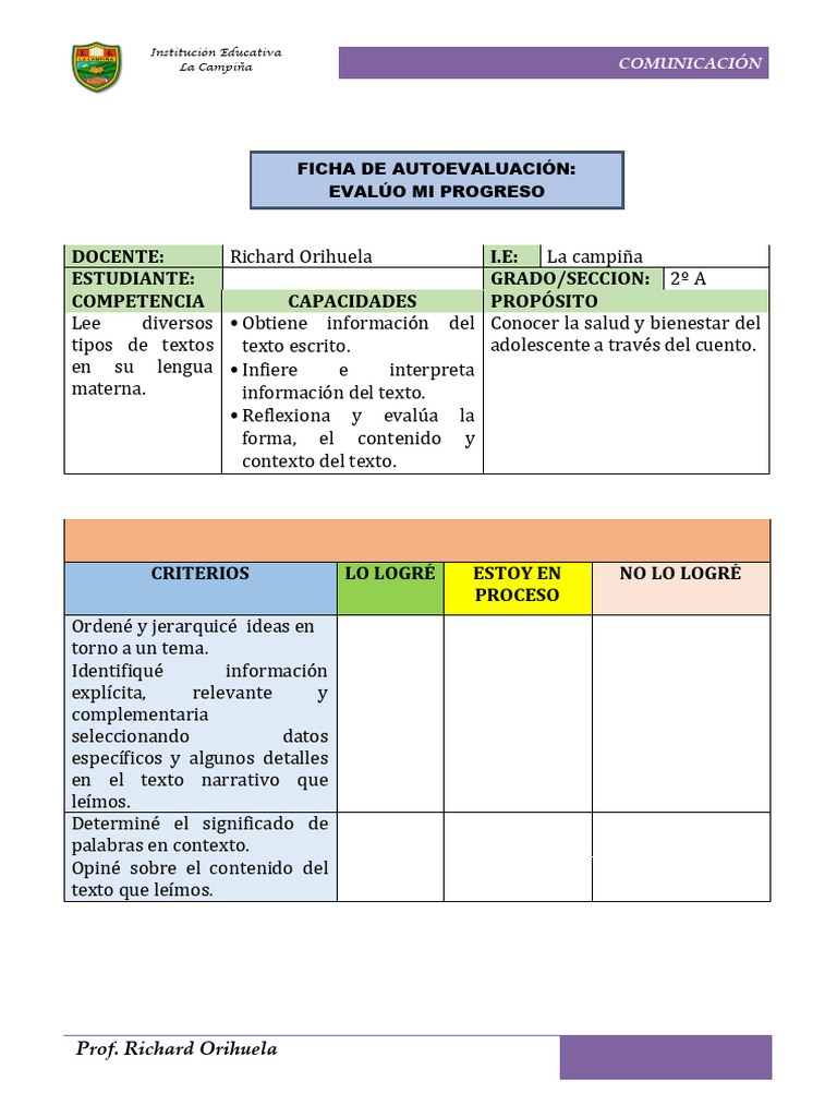 FICHA DE AUTOEVALUACIÓN EVALÚO MI PROGRESO | PDF