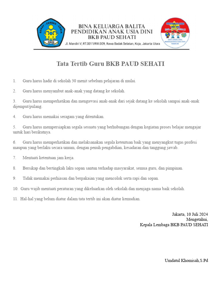 Tata Tertib Guru PAUD Sehati | PDF
