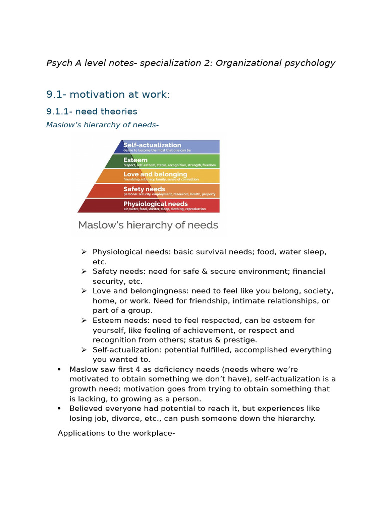 Psych A Level Notes - Org Psych | PDF | Motivation | Motivational